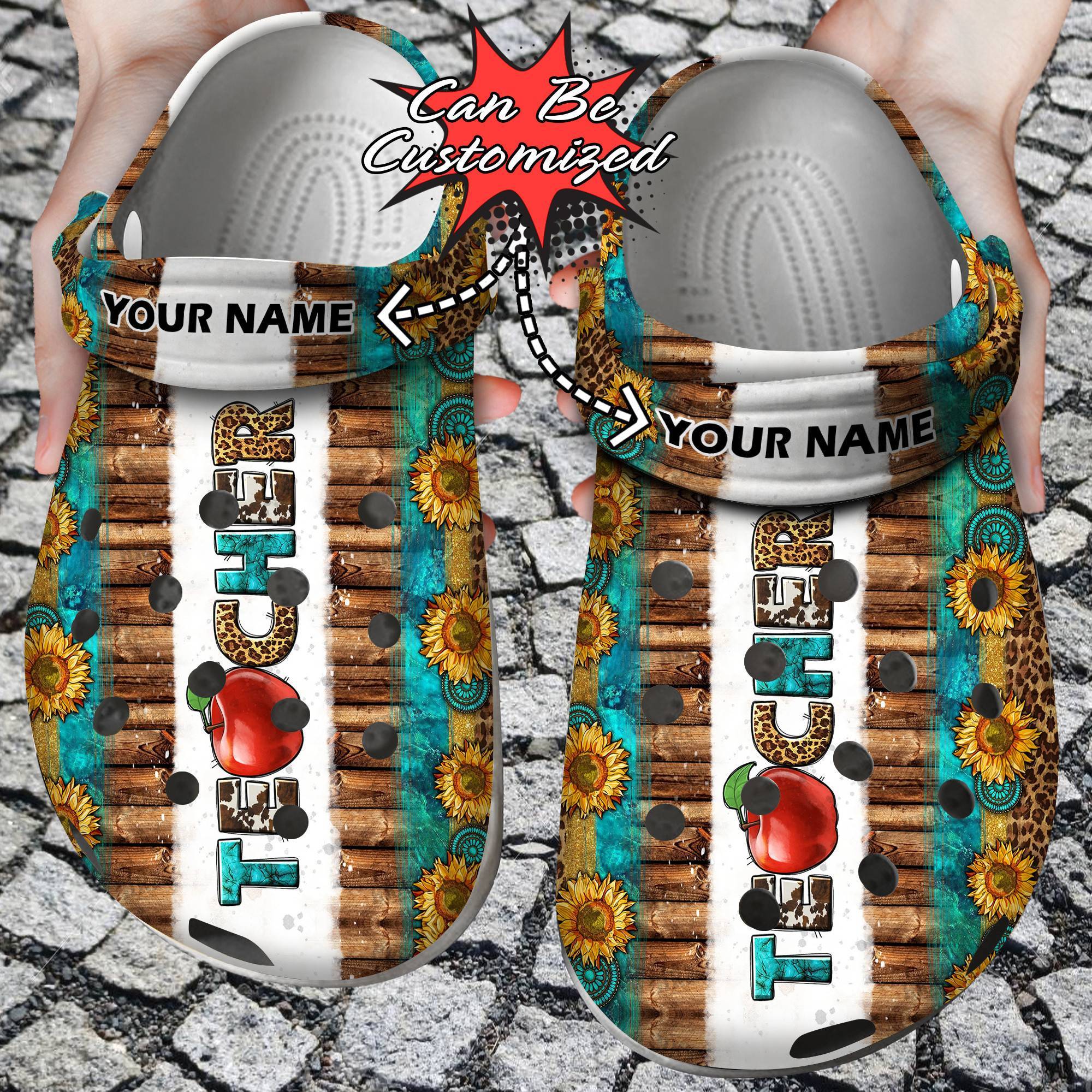 Custom Leopard Sunflowers Apple Teacher Clog Crocs Shoes - 365crocs